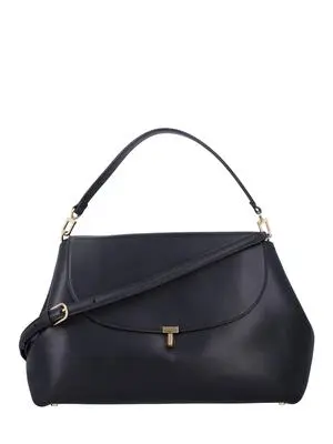 TOTEME Italian Leather Slouched Satchel With T-lock Twist Closure, Detachable Handle & Shoulder Strap - Nero