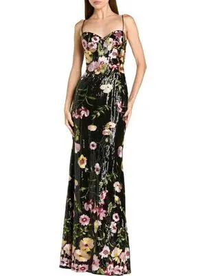 Mac Duggal Petite Sleeveless Bustier Floral Applique Gown - Black Multi
