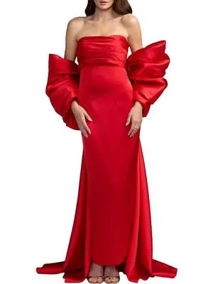 MAC DUGGAL Satin Strapless Ankle Dress With Oversized Bow