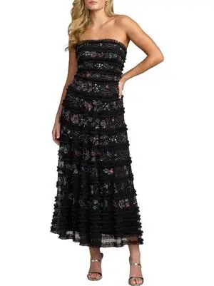 MAC DUGGAL Strapless Micro Ruffle Midi Dress