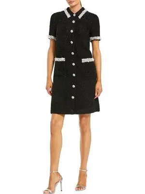 Mac Duggal Pearl Embellished Boucle Short Sleeve Mini Dress - Black