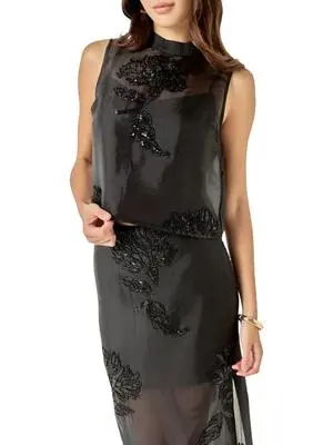ENGLISH FACTORY Beaded Sheer Mock Neck Top