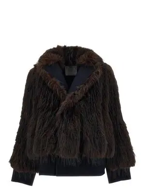 Sacai Giacca In Lana Melton Con Pelliccia - Blu