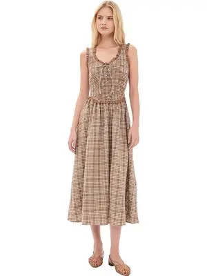 Moon River Smocked Lace Insert Midi Dress - Camel Multi