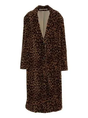 META CAMPANIA COLLECTIVE Cappotto Lungo Monopetto Hugo In Velluto E Seta Leopardato - Marrone