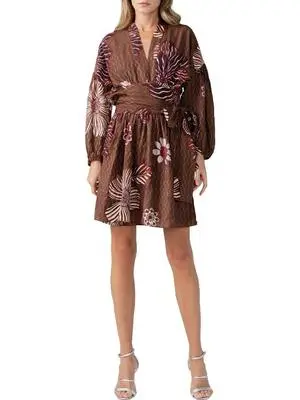 CIEBON Sonya Long Sleeve Tie Waist Dress - Brown Multi