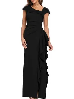 XSCAPE EVENINGS Asymmetric Neck Scuba Knit Trumpet Gown Black