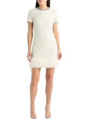 TAHARI ASL Beaded Neck Faux Fur Hem Tweed Minidress - Vanilla