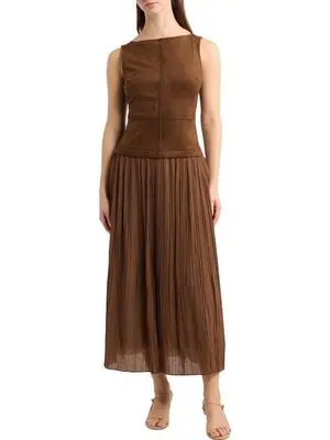 Moon River Sleeveless Faux Suede Mixed Media Midi Dress - Caramel