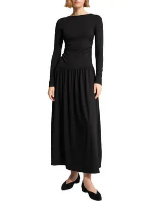 MARCELLA Lumi Ruched Drop Waist Midi Dress - Black