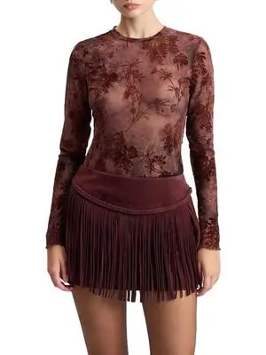 Avec Les Filles Floral Burnout Long Sleeve Shirt - Wine Multi