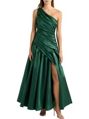HUTCH Lisa Ruched One-shoulder Matte Satin Gown - Spruce