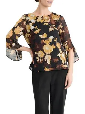 KASPER Ruffle Sleeve Printed Top With Metallic Shimmer - Black Multi
