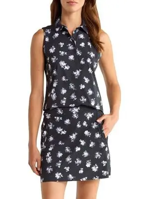 G/fore Moody Floral Silky Tech Performance Sleeveless Polo - Onyx