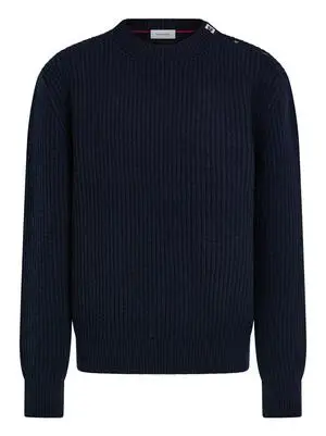 FERRAGAMO Rib Knit Crew Neck Sweater With Hug Buckle Detail - Blue