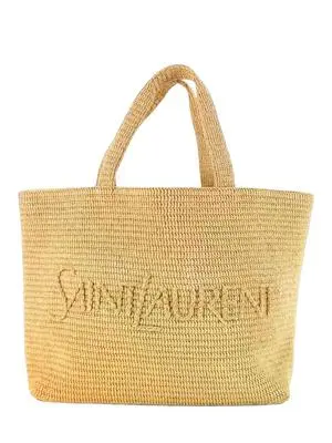 Saint Laurent Logo Supple Embroidered Raffia Tote Bag - Neutrals