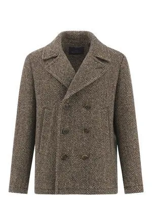 Paul & Shark Chevron Wool Peacoat With Alcantara® Details Brown/beige Herringbone Pattern