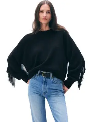 WHITE & WARREN Cashmere Blend Luxe Fringe Crewneck Top - Black