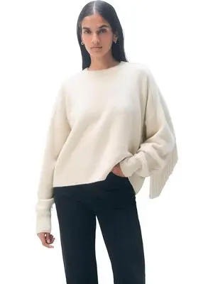 WHITE & WARREN Cashmere Blend Luxe Fringe Crewneck Top - Ivory