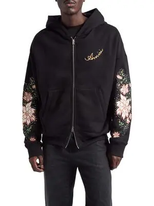 Amiri Oversize Crystal Embellished Floral Zip Hoodie - Black
