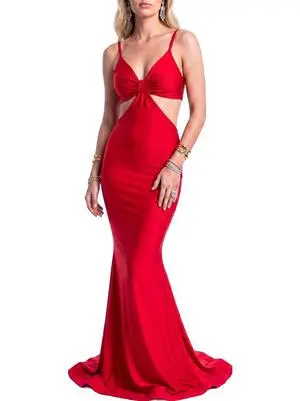 JESSICA ANGEL Cutout Ruched Mermaid Evening Gown - Red