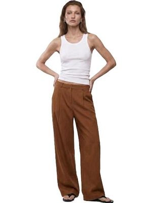 Koton Linen Blend Pleated Tailored Wide Leg Pants - Brown