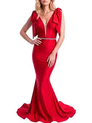JESSICA ANGEL Bow Shoulder Plunge Mermaid Evening Gown - Red
