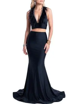 JESSICA ANGEL Feather-trim Two-piece Mermaid Evening Gown Black