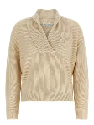 Brunello Cucinelli Brunello Cucinelli Women Shawl Neck Ribbed Sweater Cream