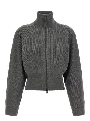 Brunello Cucinelli Ribbed Cardigan With Leather Detail - Gray
