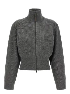 Brunello Cucinelli Ribbed Cardigan With Leather Detail - Gray