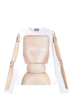 JEAN PAUL GAULTIER Jersey Lycra Long Sleeves Crew Neck Printed "wooden Body" 'beige/white - Tan