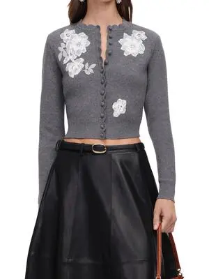 SELF-PORTRAIT Grey Lace Flower Knit Cardigan - Multicolor