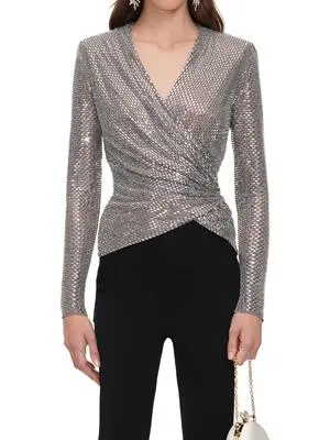 SELF-PORTRAIT Rhinestone Mesh Wrap Top - Multicolor