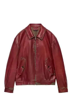 Prada Bonded Nappa Leather And Houndstooth Check Fabric Jacket - Red