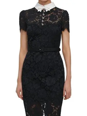 SELF-PORTRAIT Black Lace Contrast Collar Midi Dress - Multicolor