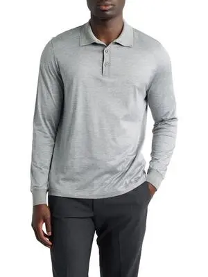 Canali Silk & Cotton Long Sleeve Polo Light Grey