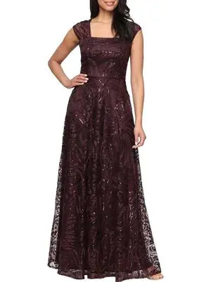 Alex Evenings Sequin Embroidered Gown - Maroon