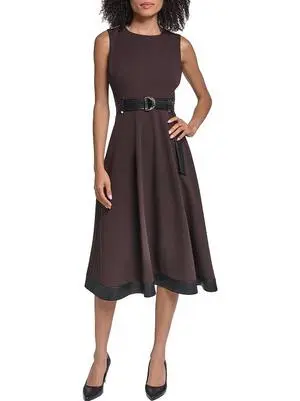 Karl Lagerfeld Paris Belted Sleeveless Scuba Crepe Midi Dress - Espresso/black