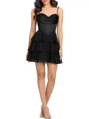 BLONDIE NITES Corset Bodice Tiered Cocktail Minidress - Black