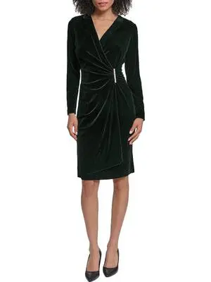 Karl Lagerfeld Paris Faux Pearl Detail Long Sleeve Stretch Velvet Faux Wrap Dress - Black