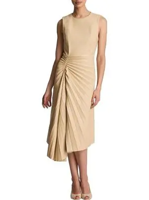 KENNETH COLE COLLECTION Sunburst Pleat Faux Leather Sleeveless Dress - Biscotti