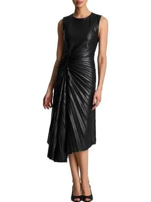 KENNETH COLE COLLECTION Sunburst Pleat Faux Leather Sleeveless Dress - Black