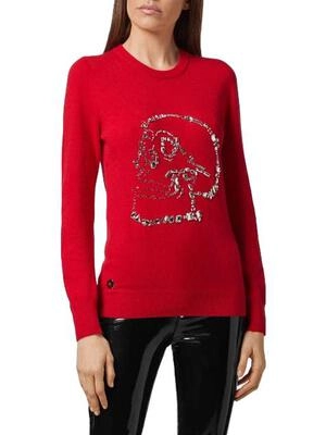 Philipp Plein Pullover Round Neck Ls Look At Me Skull Crystal Women Red