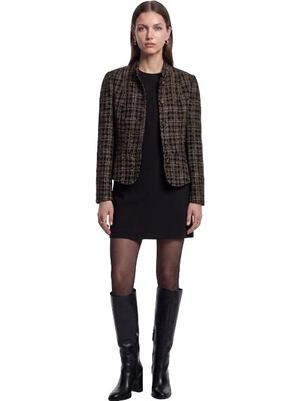 Koton Mandarin Collar Long Sleeve Plaid Tweed Jacket - Brown Check