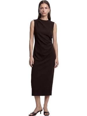 Koton Draped Crew Neck Sleeveless Midi Dress - Brown