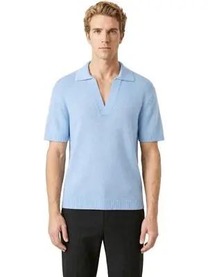 MODENAIRE Open Collar Short Sleeve Knit Polo - Light Blue
