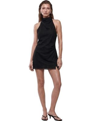 Koton Linen Blend Sleeveless Funnel Neck Satin Mini Dress With Lace Detail - Black