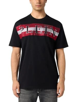 Philipp Plein Round Neck T-shirt Stripe Logo Stones Men Black