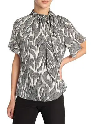 Santorelli Athena Tie Neck Blouse With Short Flutter-sleeves - Onyx Multi